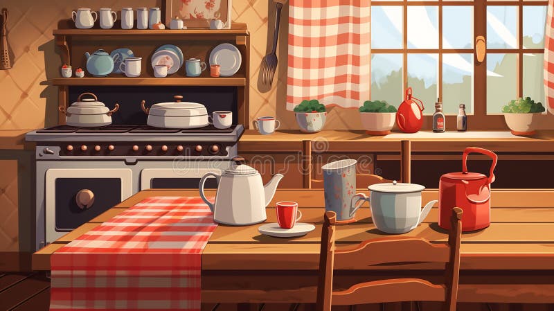 Vector Illustration of a Charming Country Kitchen with a Laid Table ...
