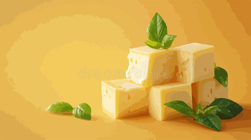 Delicious Cube of Cheese with Fresh Basil Leaves on Vibrant Orange ...