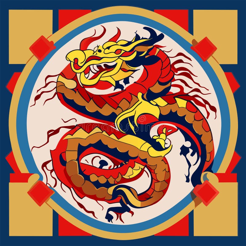 Chinese Dragon in a Circle on a Blue Background. Vector Illustration ...