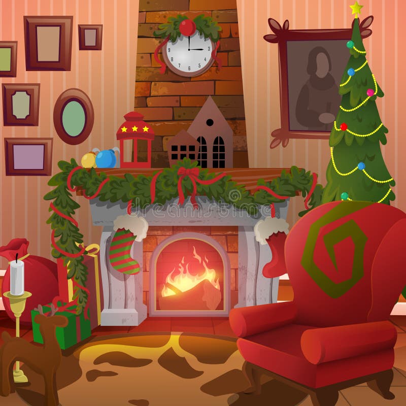 Vector Illustration of Christmas Living Room with Sofa, Fireplace ...