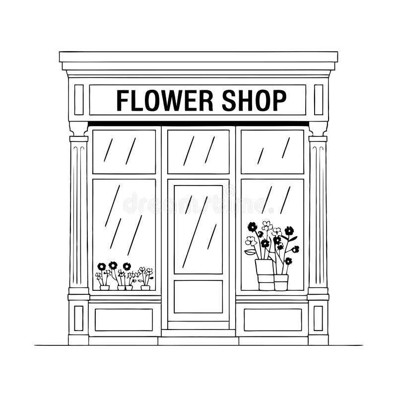 Vector Illustration Classic Flower Shopfront Windows Door Display Stock ...