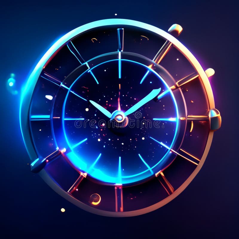 Vector Illustration of a Clock on a Dark Background in Neon Style ...