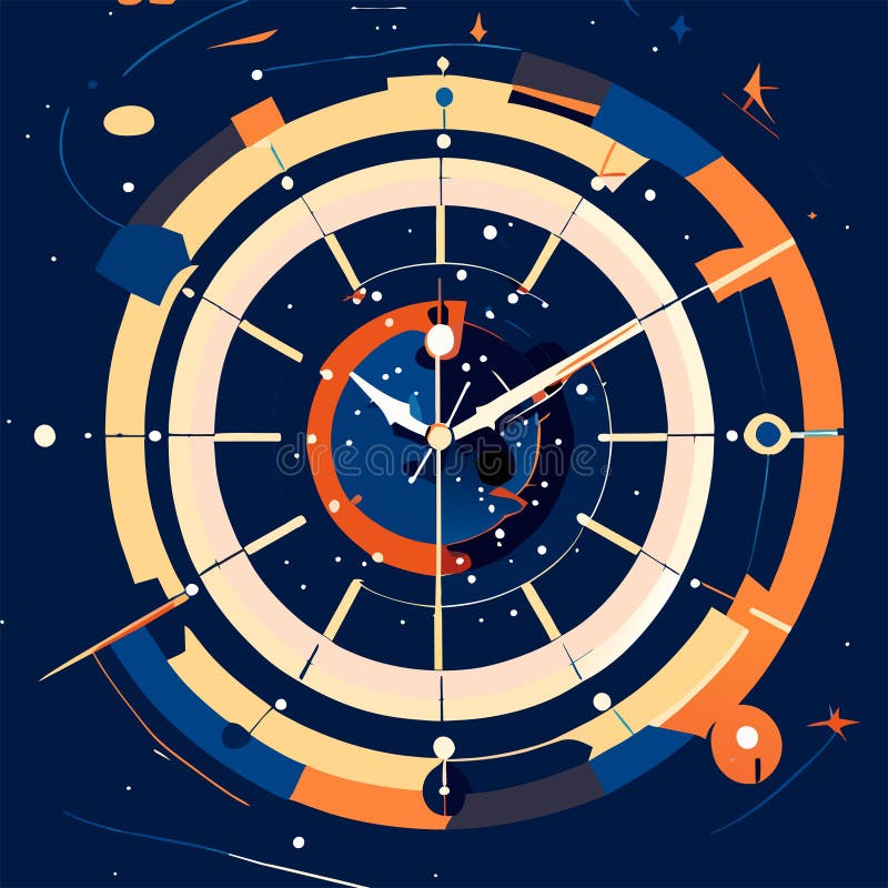 Vector Illustration of a Clock on a Dark Blue Background. Time Concept ...