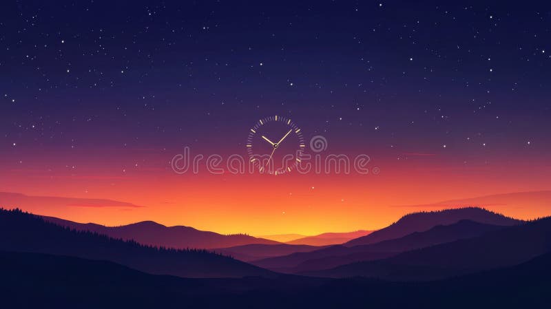Vector Illustration of a Clock at Night in the Mountains. the Concept ...