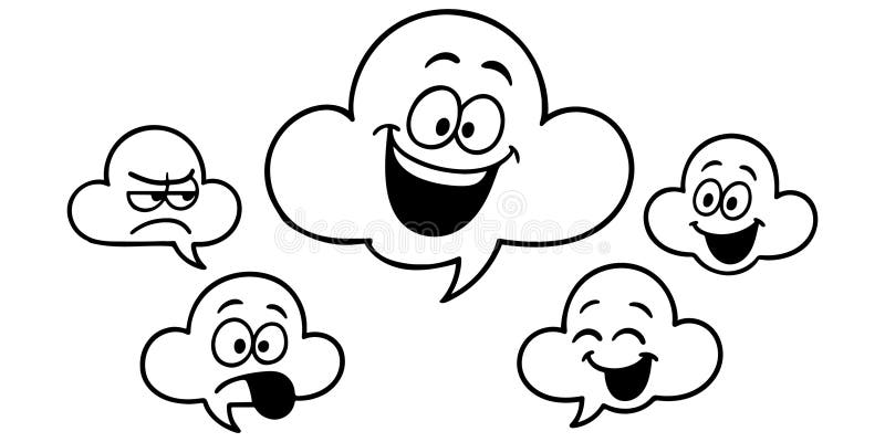 Cloud-shaped Speech Bubbles with Cartoon Faces Showing Emotions Black ...