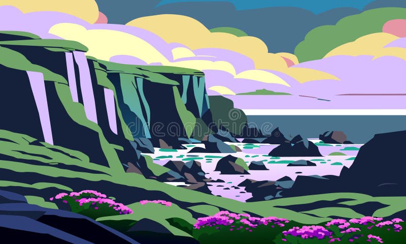 Colorful Coastal Landscape with Cliffs, Vector Illustration. Stock ...