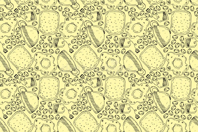 Coffee Bread Egg Tea Cup Food Breakfast Repeat Seamless Pattern Doodle ...