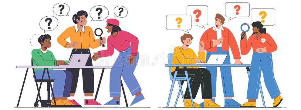 Vector Illustration of Collaborative Questions Discussion Scene. Stock ...