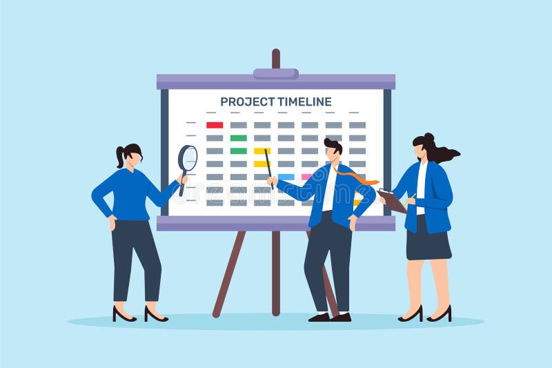 Vector Illustration of Colleagues Analyzing Project Timeline on ...