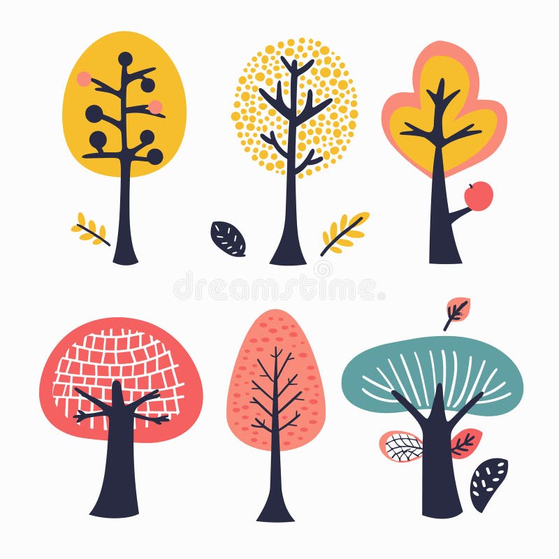 Vector Illustration Collection Stylized Trees Various Shapes Colors ...