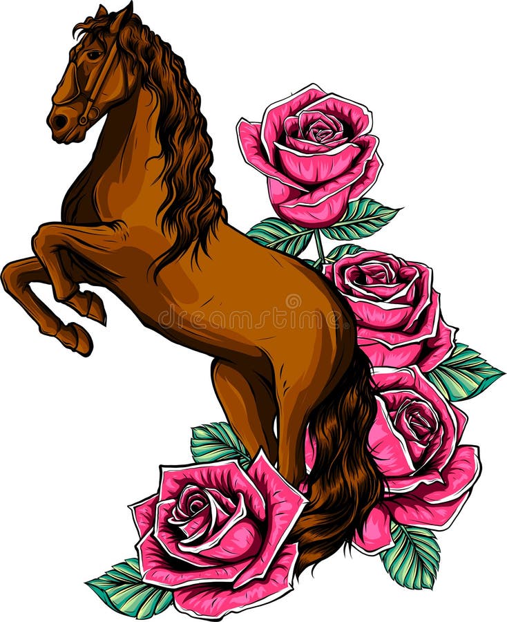 Vector Illustration of Colored Horse with Roses on White Background ...