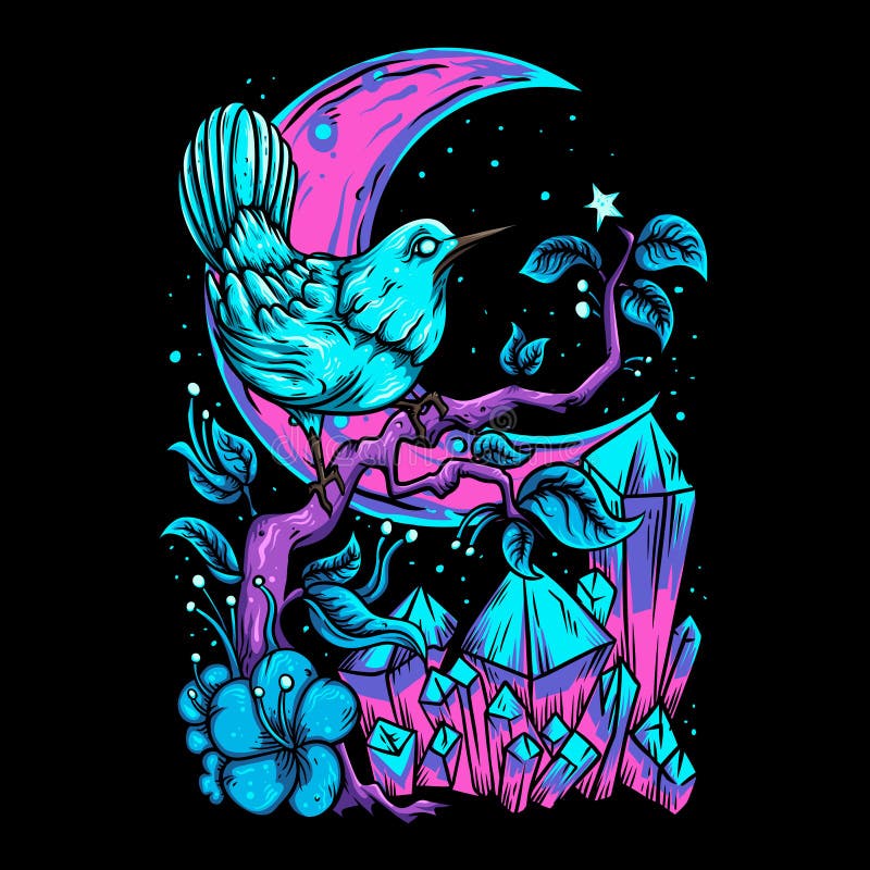 Vector Illustration Colorful Bird Perch on the Branch Under the Moon ...