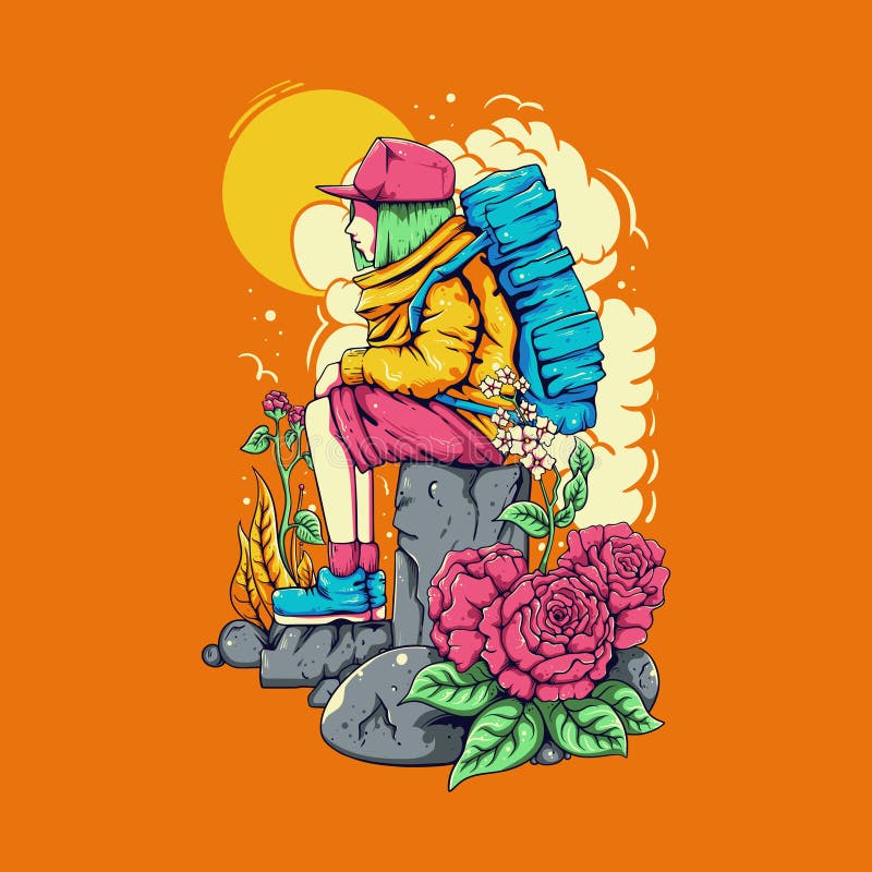 Vector Illustration Colorful Hiker Carrying Backpack Sit on the Stone ...
