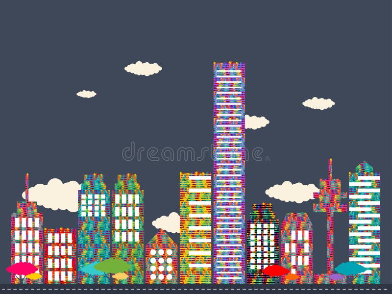 Colorful Town Buildings at Night. Vector Cityscape Drawing on Black ...