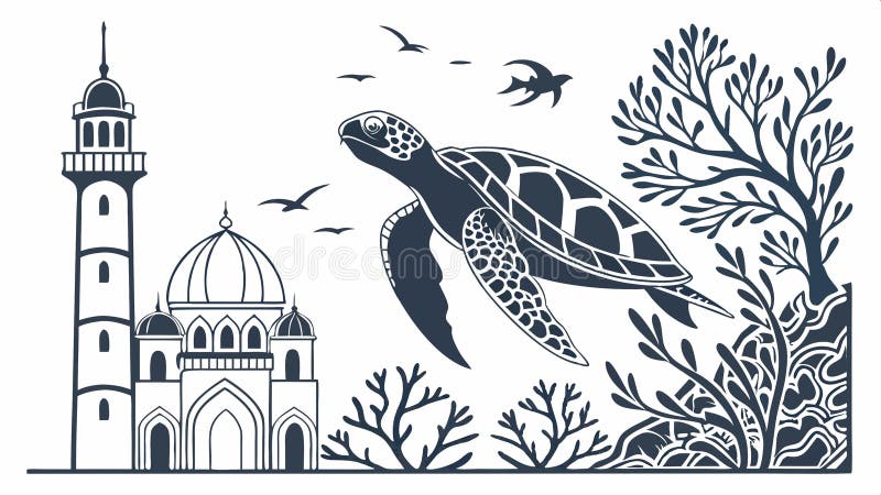 Mosque and Turtle Illustration, Cultural Landmark Design Vector Design ...