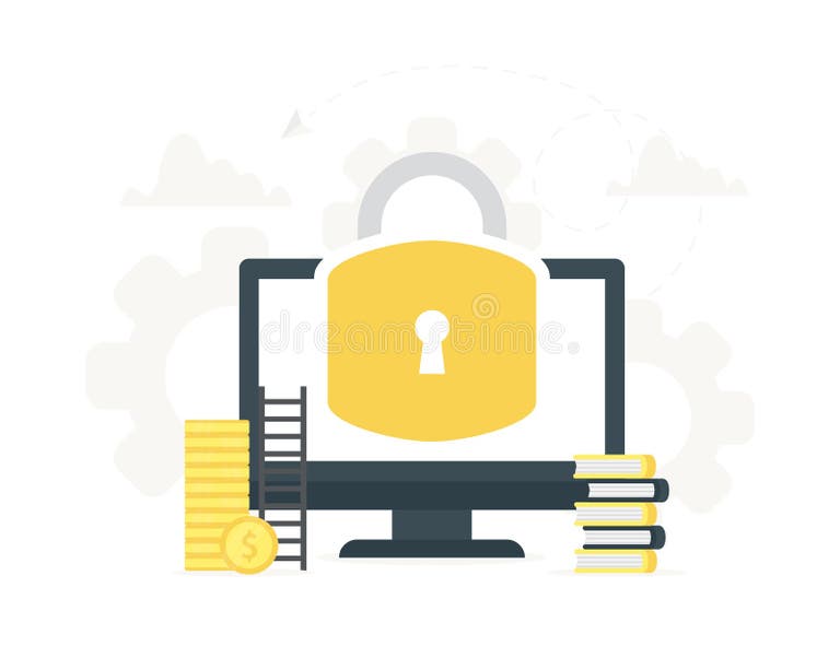 Vector Illustration of Computer with Big Lock on Screen. Concept of ...