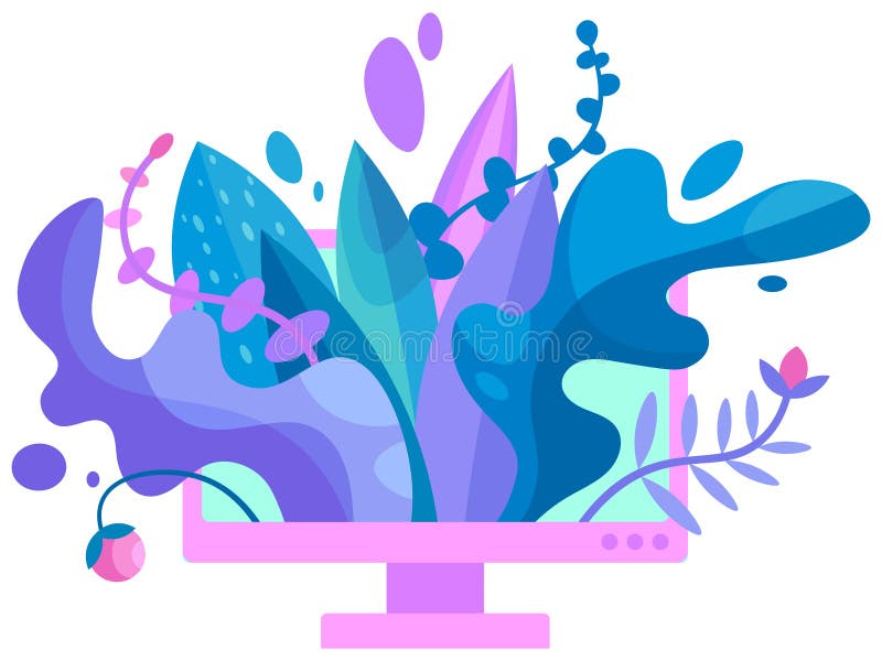 Vector Illustration of a Computer and Stylized Plants Stock Vector ...