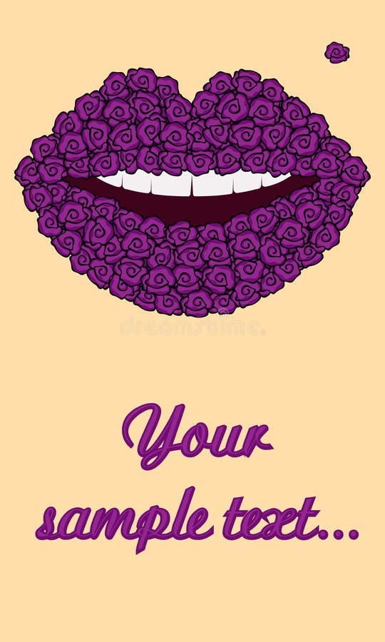 Vector Illustration with Copy Space of Stylized Lips of Purple Roses ...