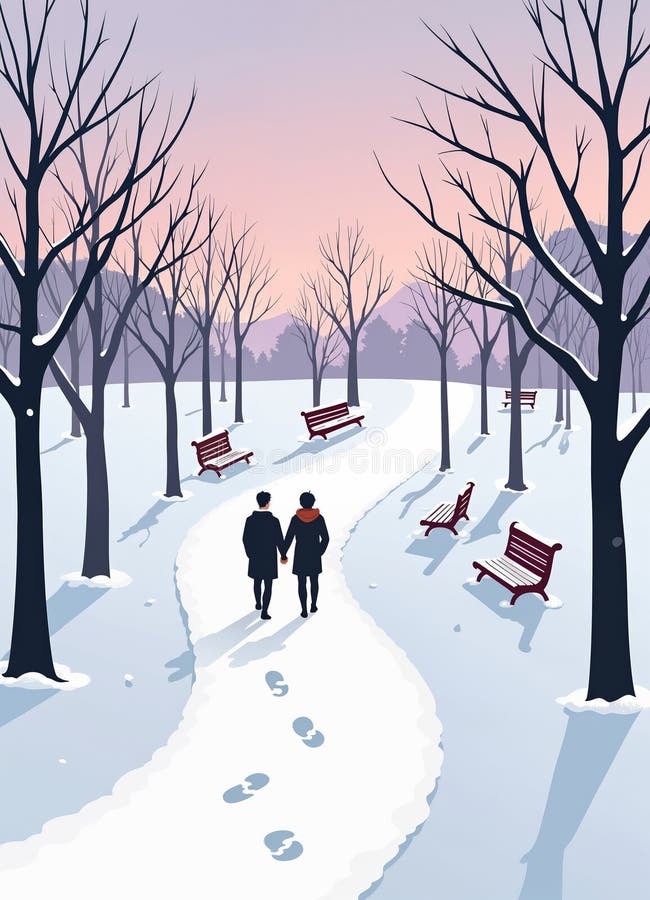 Vector Illustration of a Couple Walking in a Snowy Path Way in Quiet ...