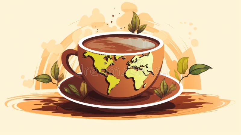Vector Illustration of a Cup of Coffee with a World Map on the Top and ...