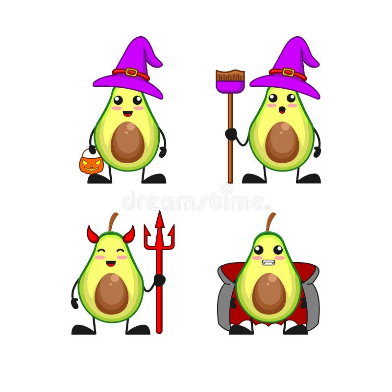 Vector Illustration of Cute Avocado Fruit Halloween Theme Bundle Set ...