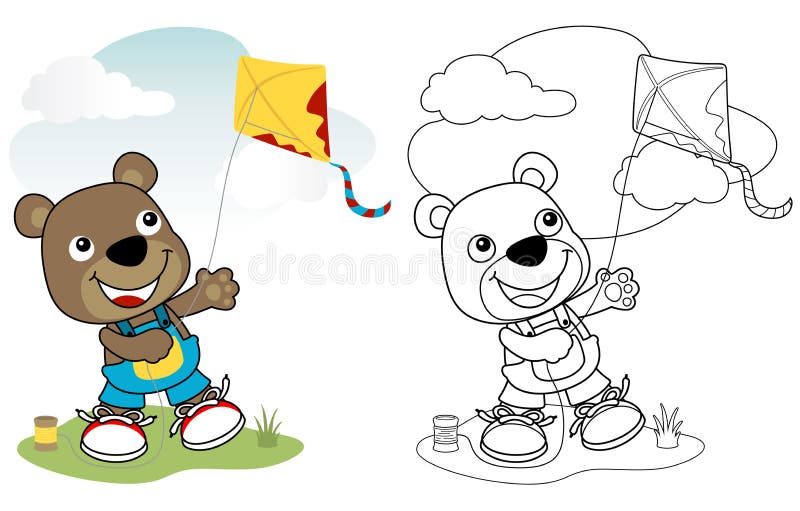 Vector Illustration of Cute Bear Playing Kite, Coloring Book or Page ...