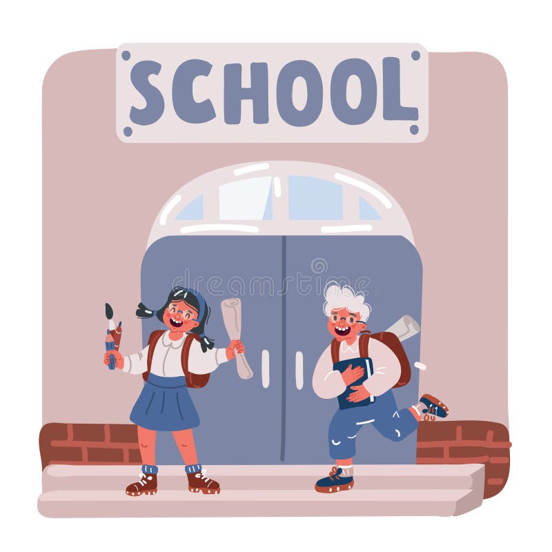 Vector Illustration of Cute Cartoon Boy and Girl in School Stock Vector ...