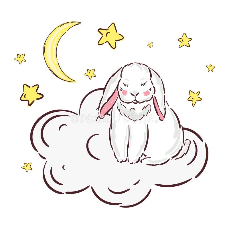Vector Illustration of a Cute Cartoon Bunny Sleeping on a Cloud. Baby ...