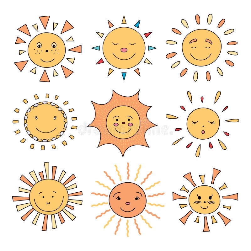 Vector Illustration of Cute Cartoon Sun Characters. Stock Vector ...