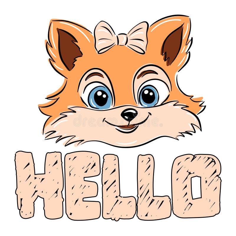 Vector Illustration Of Cute Fox Face Head With Hello Text Isolated On