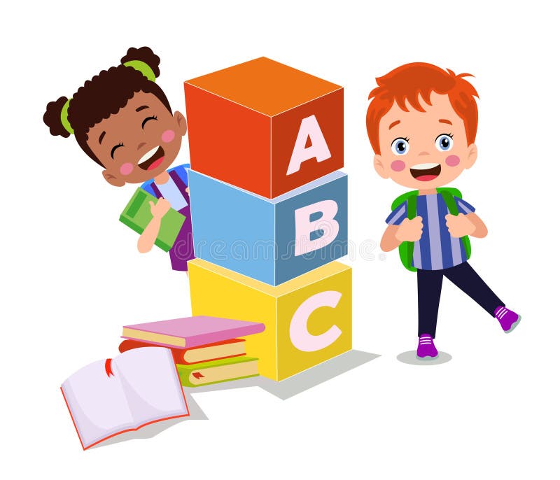 Vector Illustration of Cute Kids with Abc Blocks, Abc Letters Stock ...