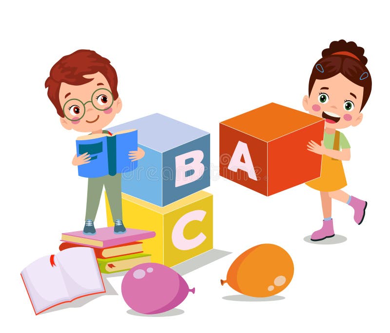 Vector Illustration of Cute Kids with Abc Blocks, Abc Letters Stock ...