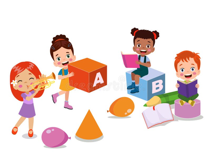 Vector Illustration of Cute Kids with Abc Blocks, Abc Letters Stock ...