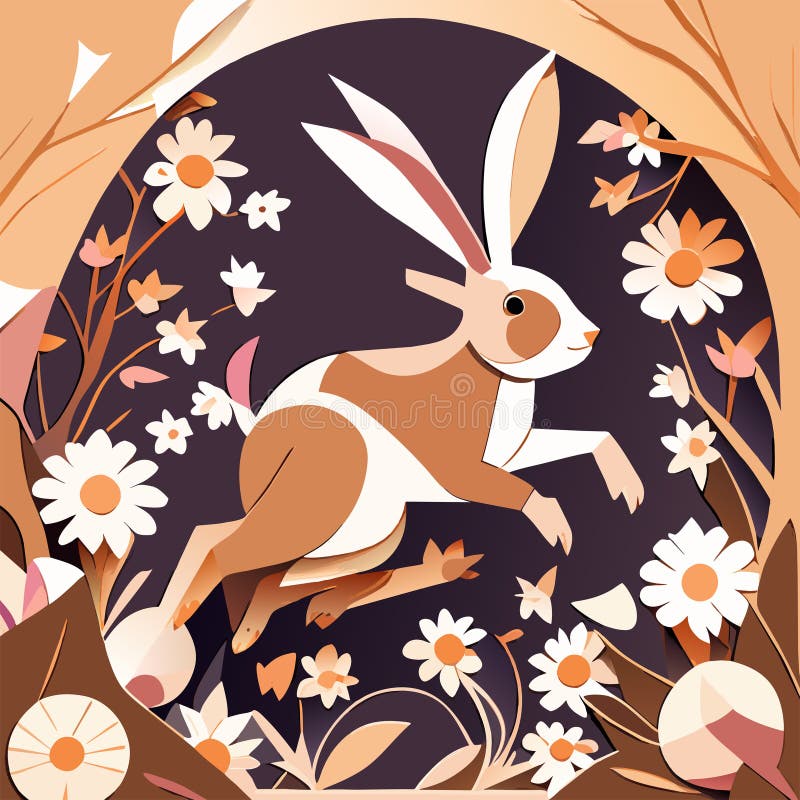 Vector Illustration of a Cute Rabbit in a Frame of Flowers and Leaves ...