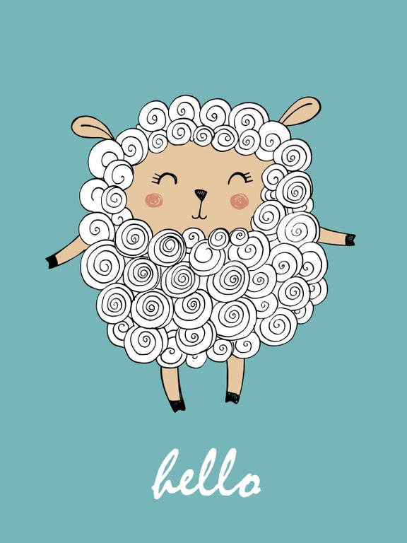 Vector Illustration of Cute Sheep - Lamb. Hand Writing - Hello. Stock ...