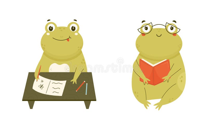 Vector Illustration of a Cute Smart Frogs Reading and Doing a Homework ...