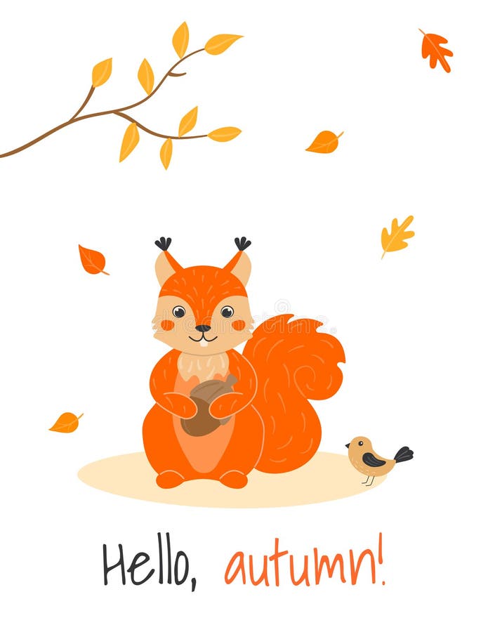 Vector Illustration with Cute Squirrel, Bird and Leaf Fall in Cartoon ...