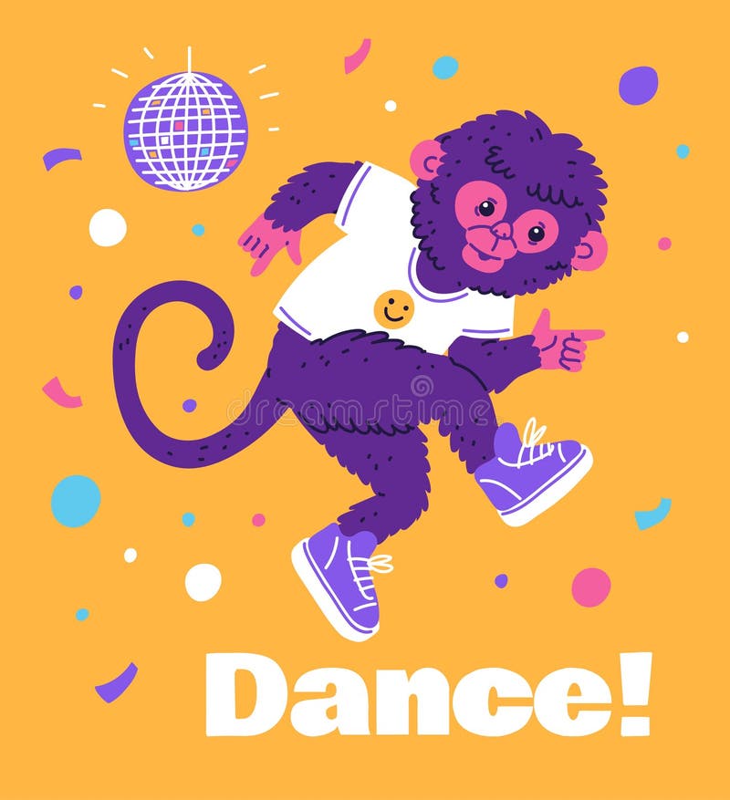 Vector Illustration a Dancing Monkey with Confetti and a Disco Ball on ...