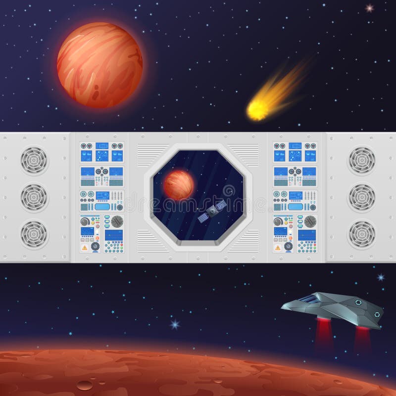 Vector Illustration of Dashboard with Spaceship Window, Planet with ...