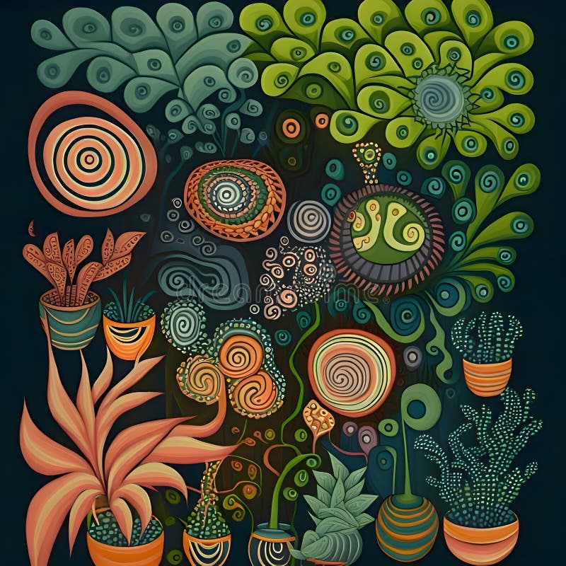 Vector Illustration with Decorative Plants in Pots. Hand Drawn ...