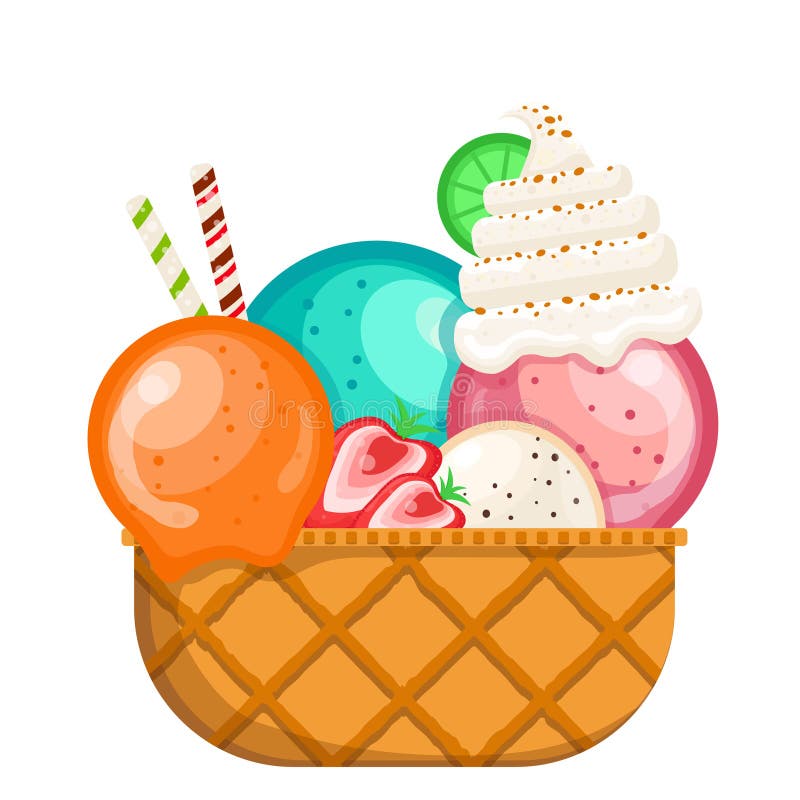 Many Flavors Of Ice Cream Scoops Waffle Cone Stock Vector