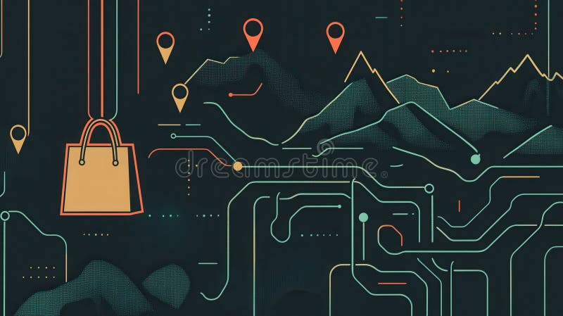 Delivery Route Map Illustration Featuring Grocery Bag Icon and Location ...