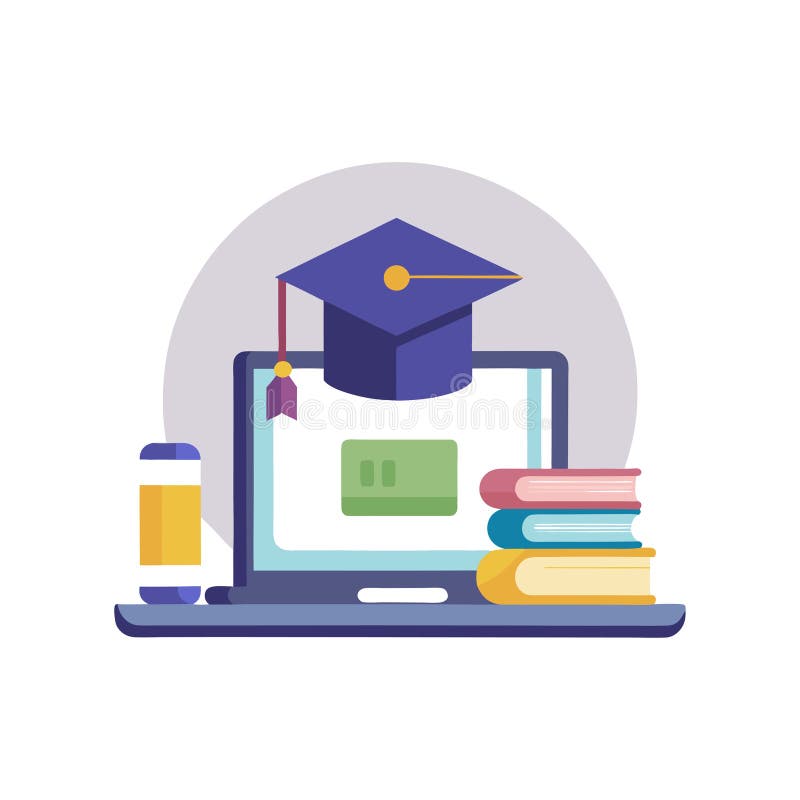 Online Education Vector Illustration: Graduation Cap, Laptop, and Stack ...