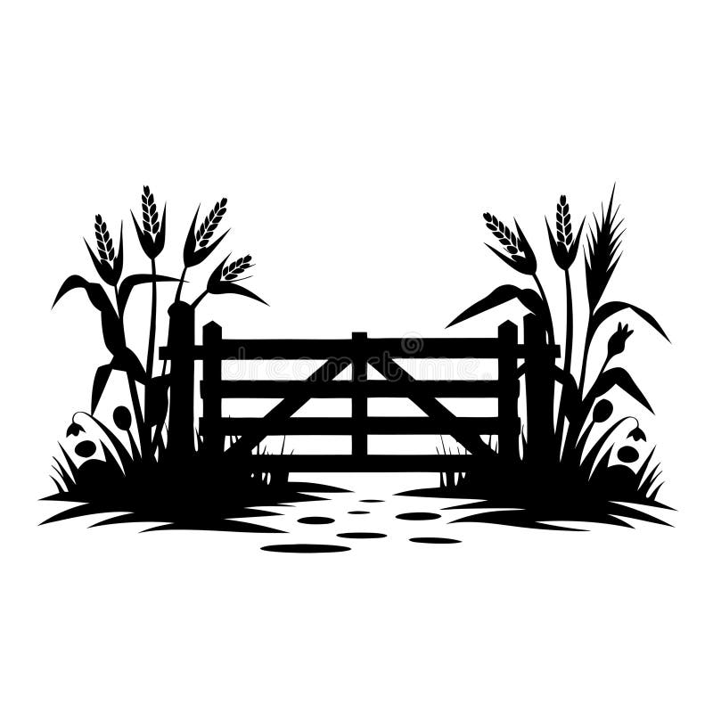 Rustic Farm Gate Silhouette with Wheat and Wildflowers Vector ...