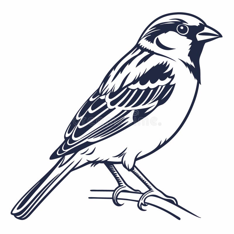 Detailed Line Art Illustration of a Sparrow Perched on a Branch Stock ...