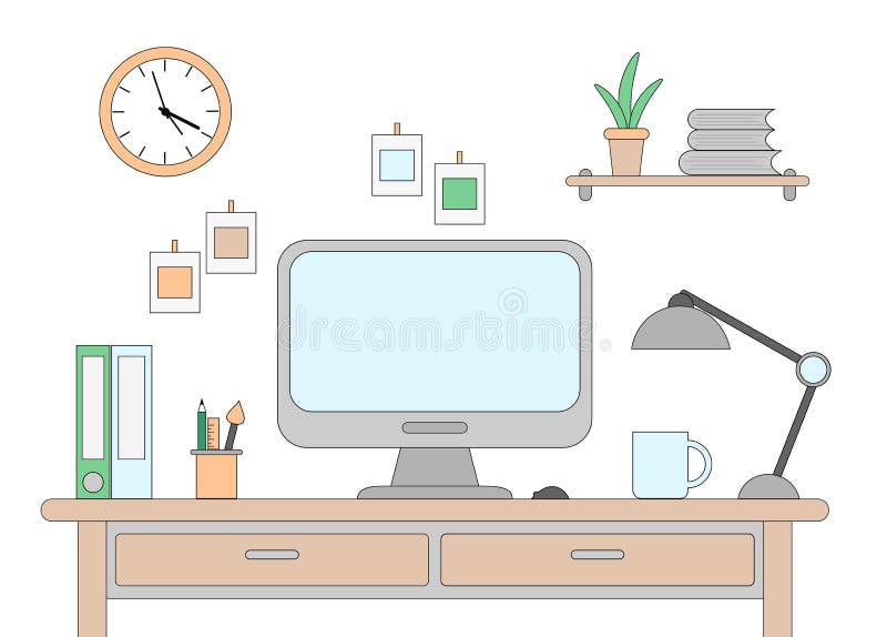 Computer Desk. Workplace In Flat Cartoon Style. Stock Vector ...