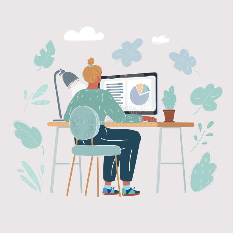 Vector Illustration of Developer Using Computer Sitting Working. Woman ...