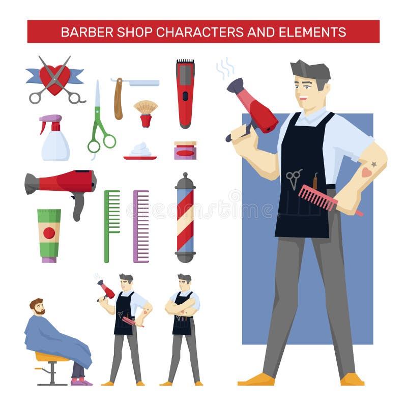 Barber Shop Equipment and Characters Stock Vector - Illustration of ...