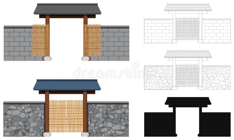Vector Illustration Different Types of Courtyard Gates in Traditional ...