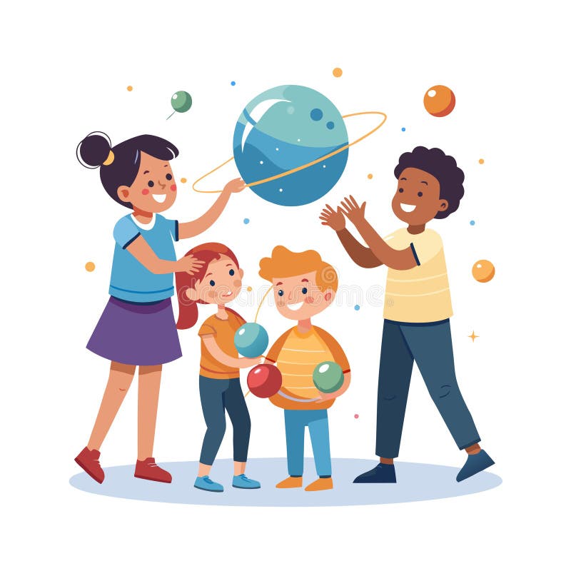 Children Learning about Space, Planets, and Science in a Fun Vector ...